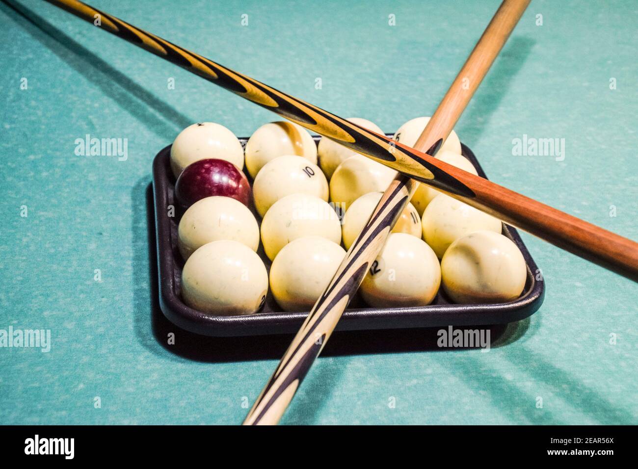 Billiards, billiard table, balls and cue. Balls in the tray and Stock ...