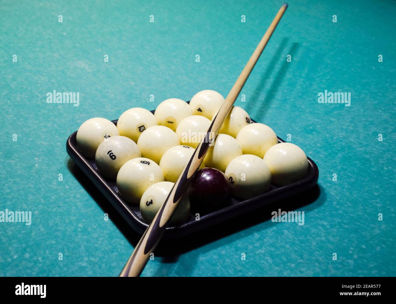 Billiards, billiard table, balls and cue. Balls in the tray and Stock ...