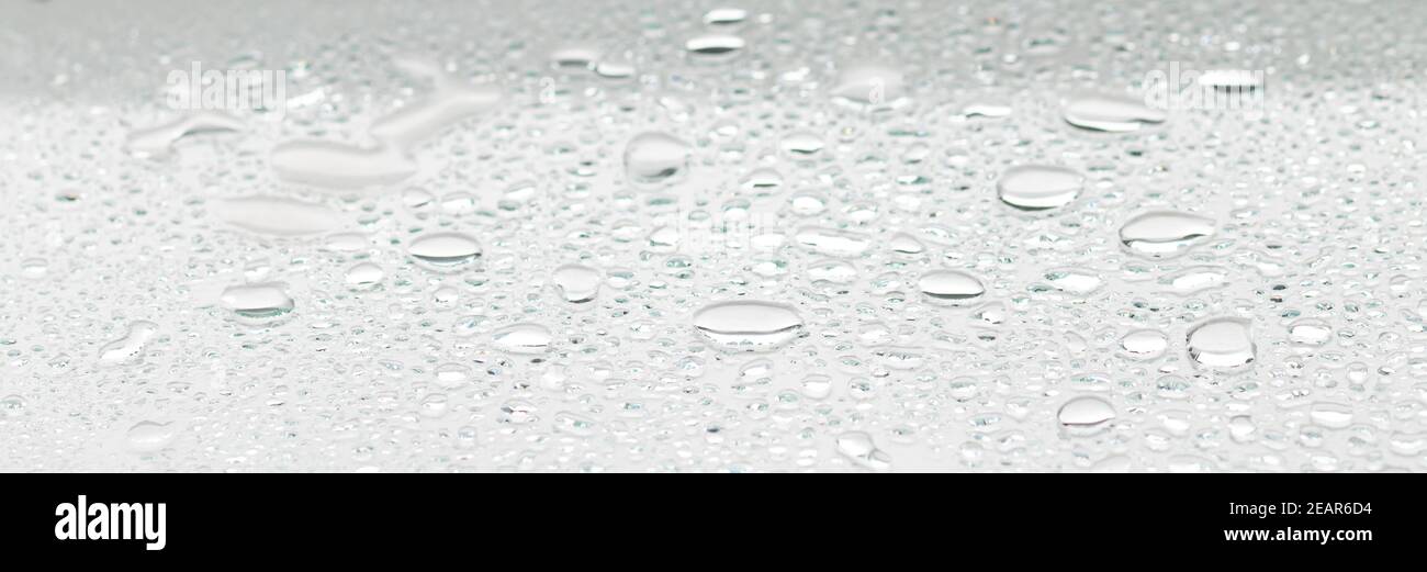 water drops on a glass surface, white color monochrome banner Stock ...