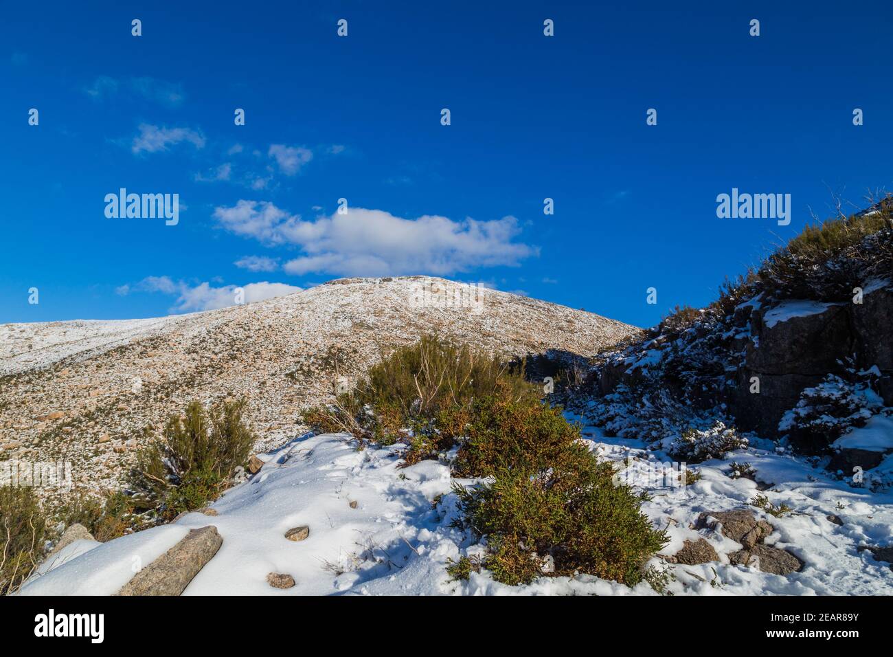 Winter landscape with snow in mountains of Serra do Geres natural park ...
