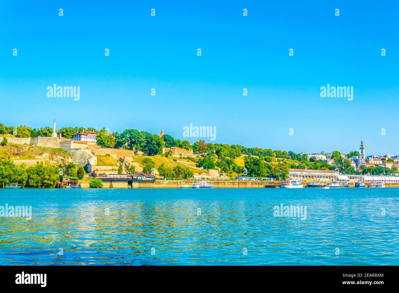 View of riverside of Sava dominated by Kalemegdan fortress in Belgrade ...