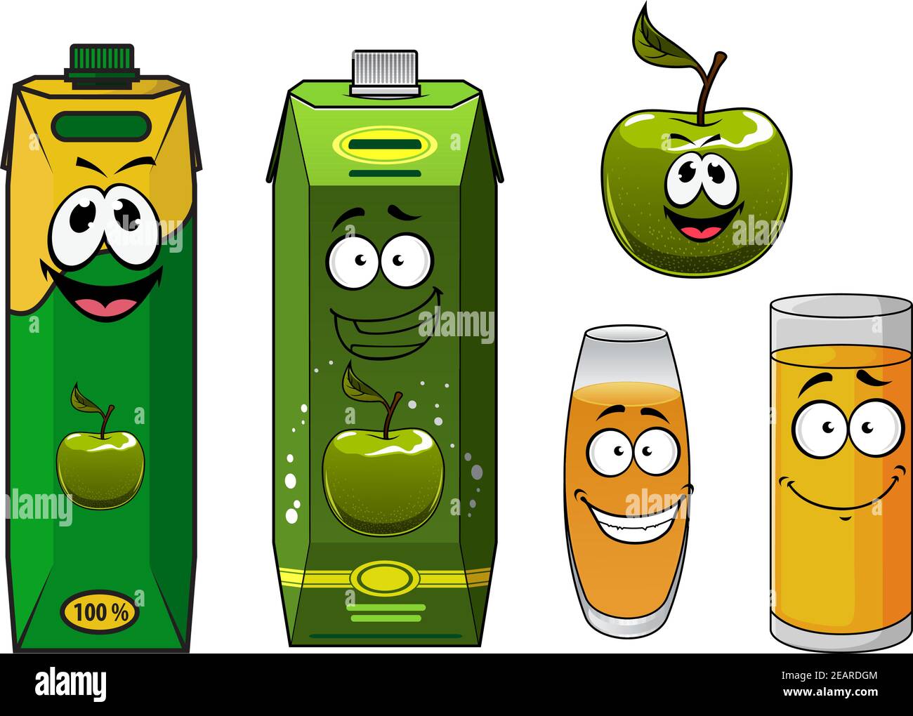 Cartoon smiling packs of natural apple juice with fresh green apple and ...