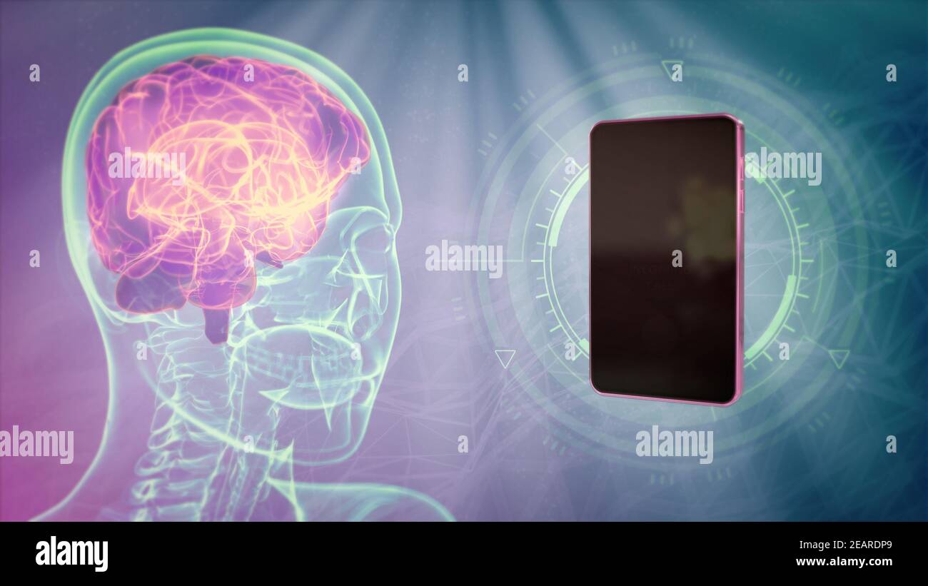 Industrial 3D illustration - x ray human head image with smartphone ...