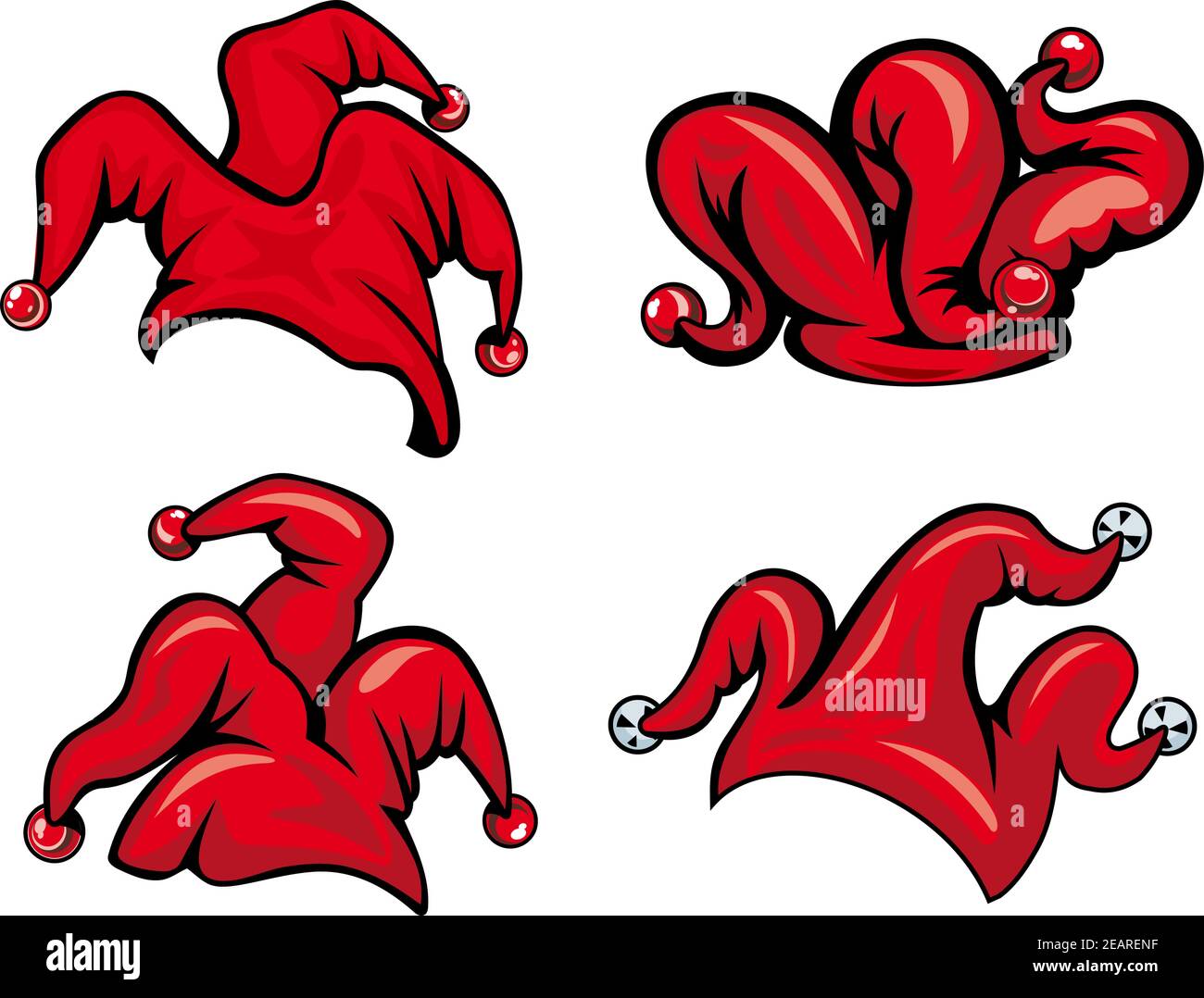 Colorful red vector jester hats with bells in various shapes isolated ...