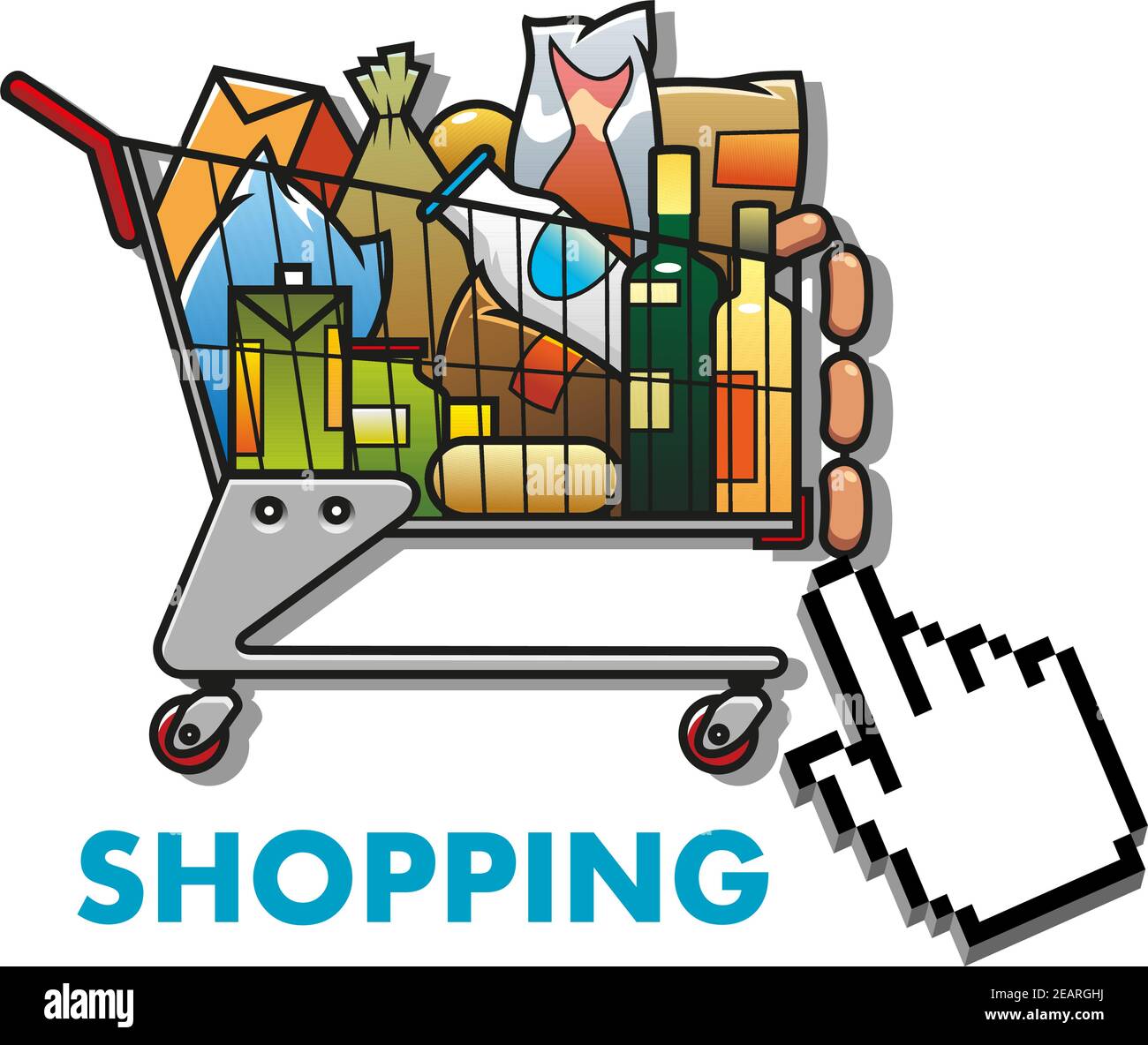 Colorful cartoon shopping cart or trolley full of groceries with a ...