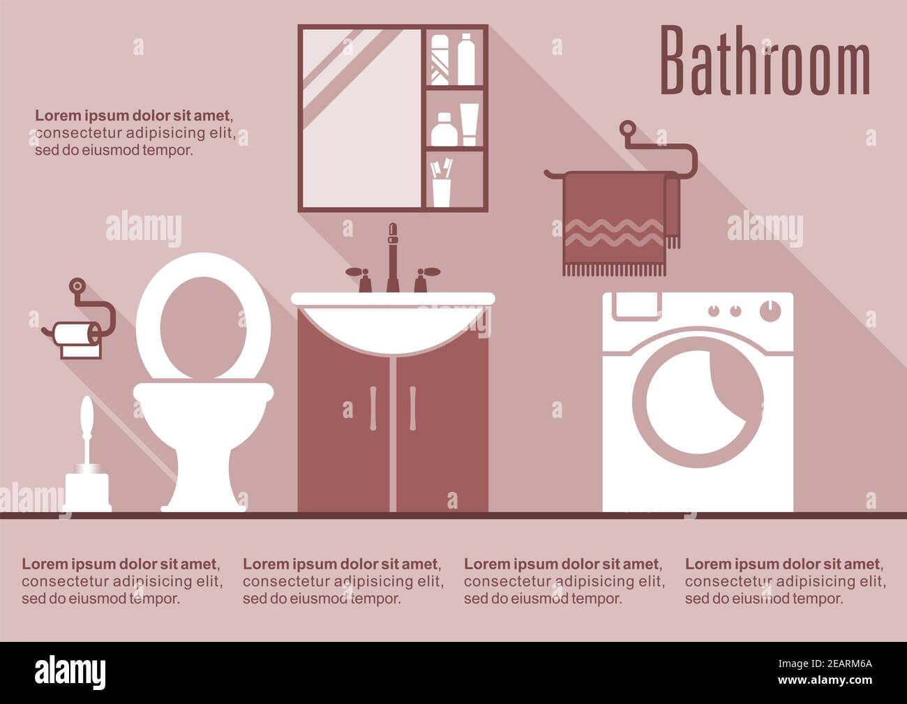 Pink flat bathroom interior with wash basin, shelf, mirror, toilet ...