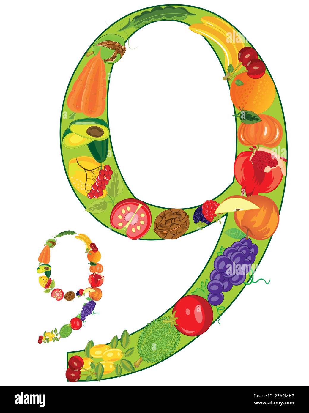 Numeral nine from fruit and vegetables on white background is insulated ...