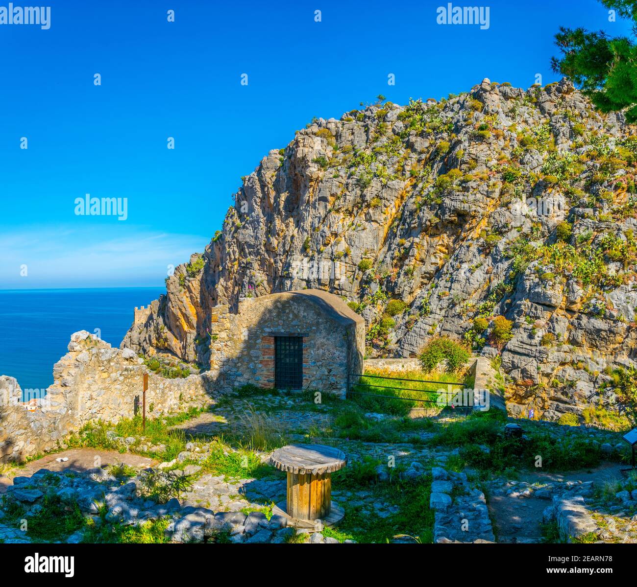 Ruins of a castle situated on La Rocca mountain in Cefalu, Sicily ...