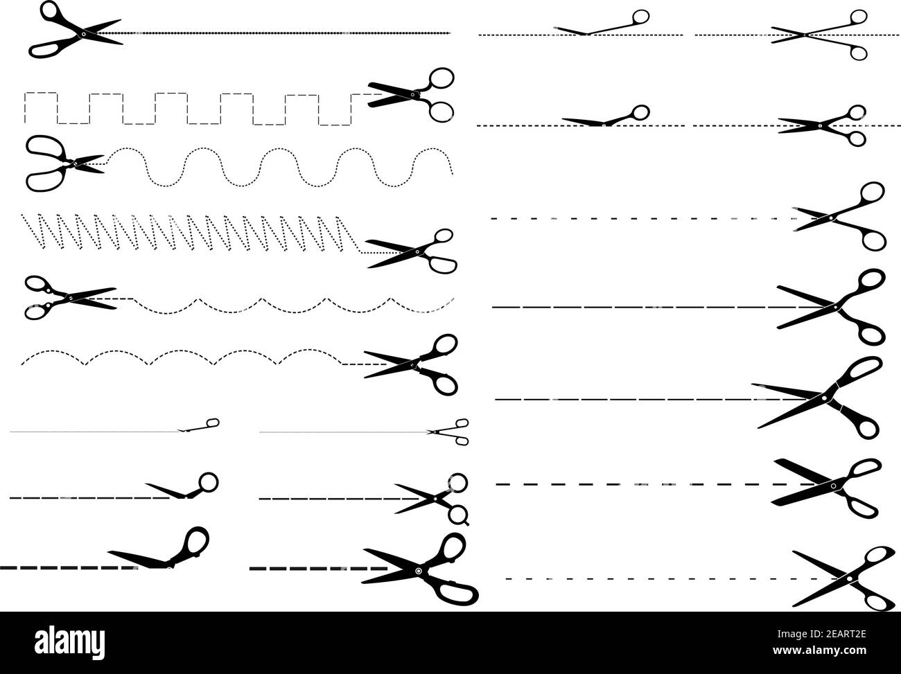 Set of various forms of scissors cut along dotted and dashed lines different shapes and ...