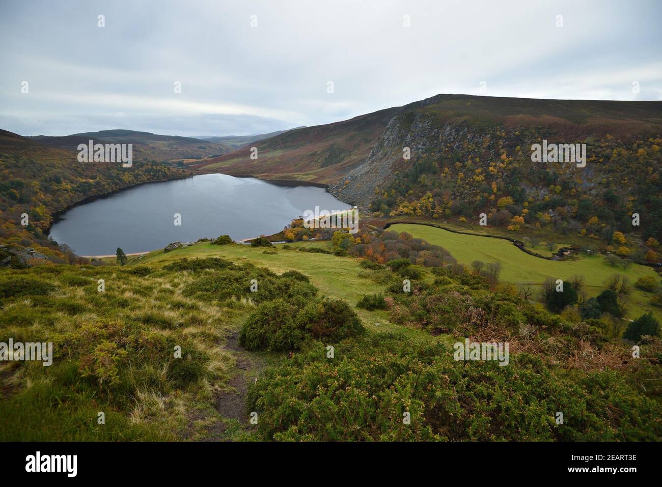 Landscape with panoramic view of Guinness Lake (Lough Tay) and the ...
