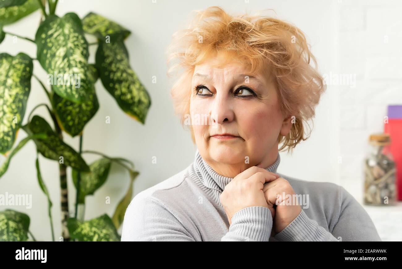 Smiling middle aged mature grey haired woman looking at camera, happy ...