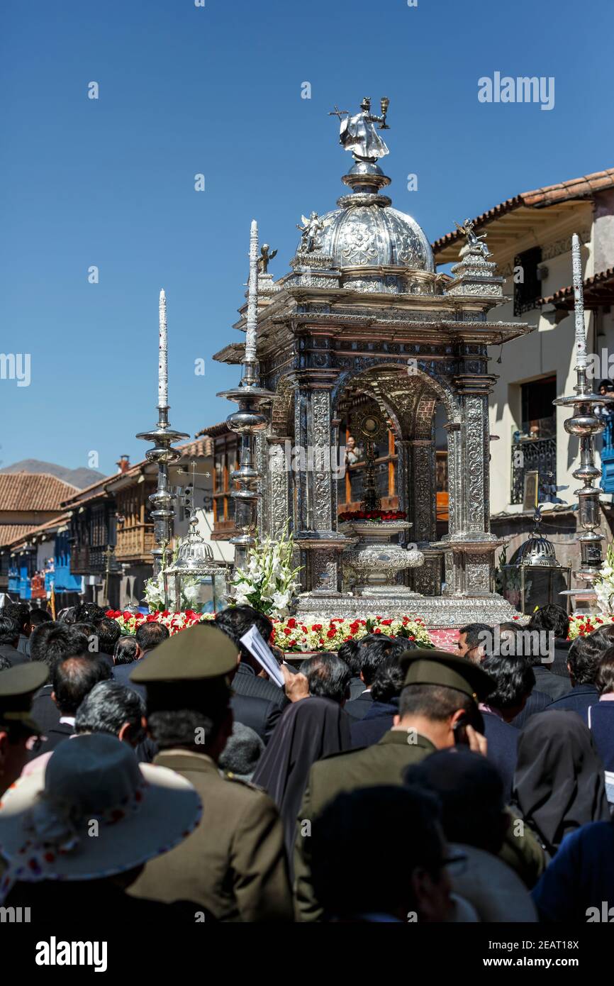 Silver Float and crowd, procession, Plaza de Armas, Corpus Christi ...