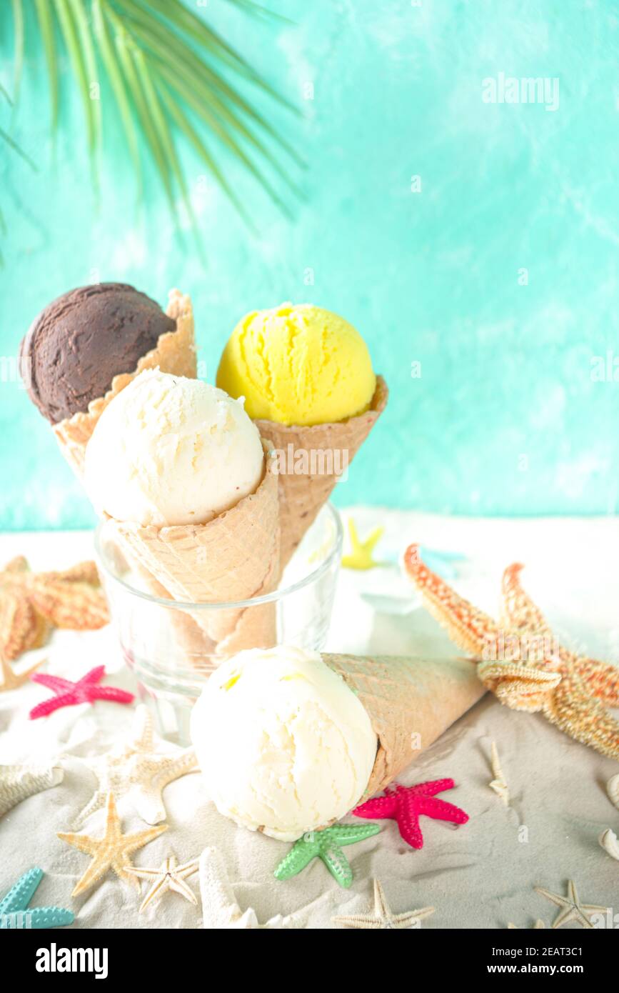 Summer tropical sea holiday vacation concept. three ice cream waffle ...