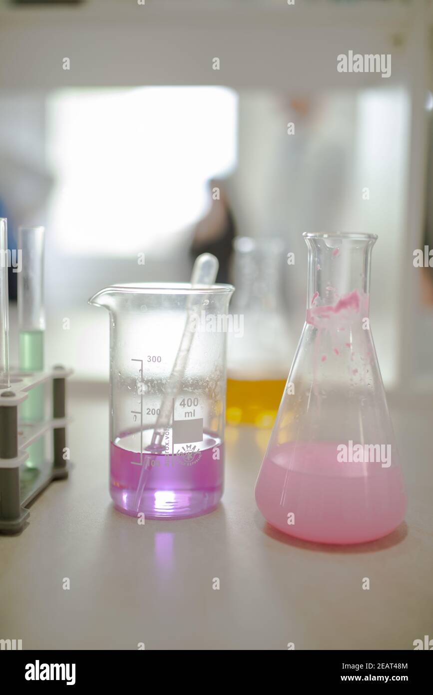 Selective focus shot of laboratory glassware with liquid Stock Photo ...