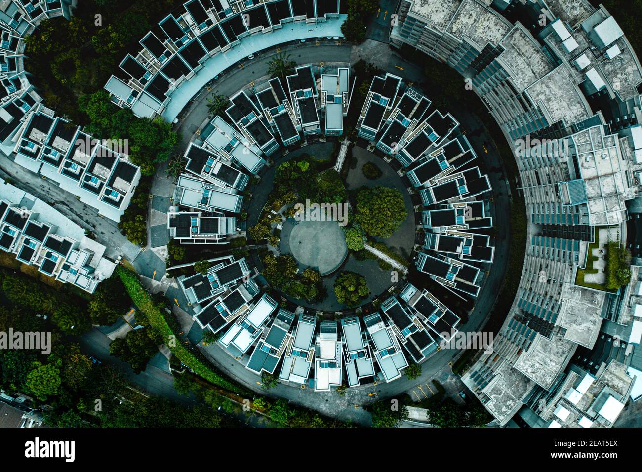 Aerial view of green trees and concrete buildings in a park Stock Photo ...