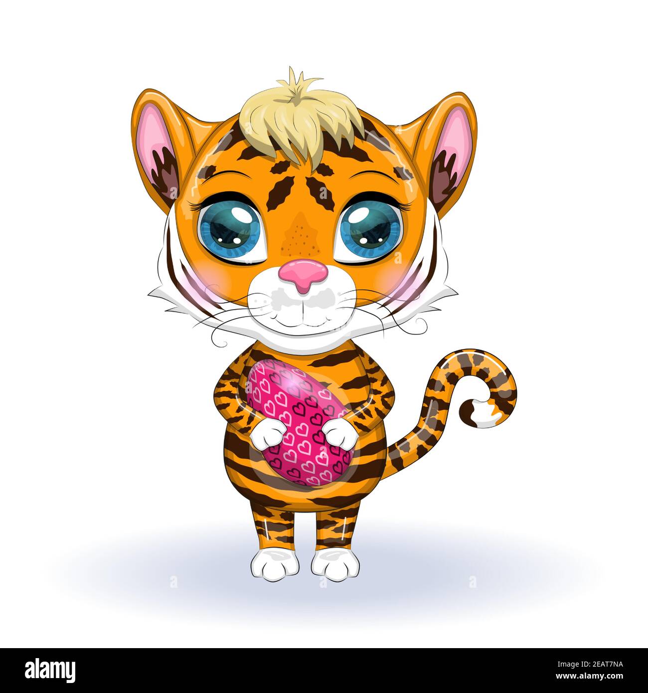 Cute cartoon tiger with beautiful eyes, orange with Easter egg. Tiger ...