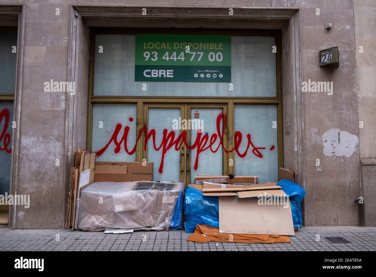 Barcelona, Spain. 10th Feb, 2021. Improvised shelters with cardboard ...