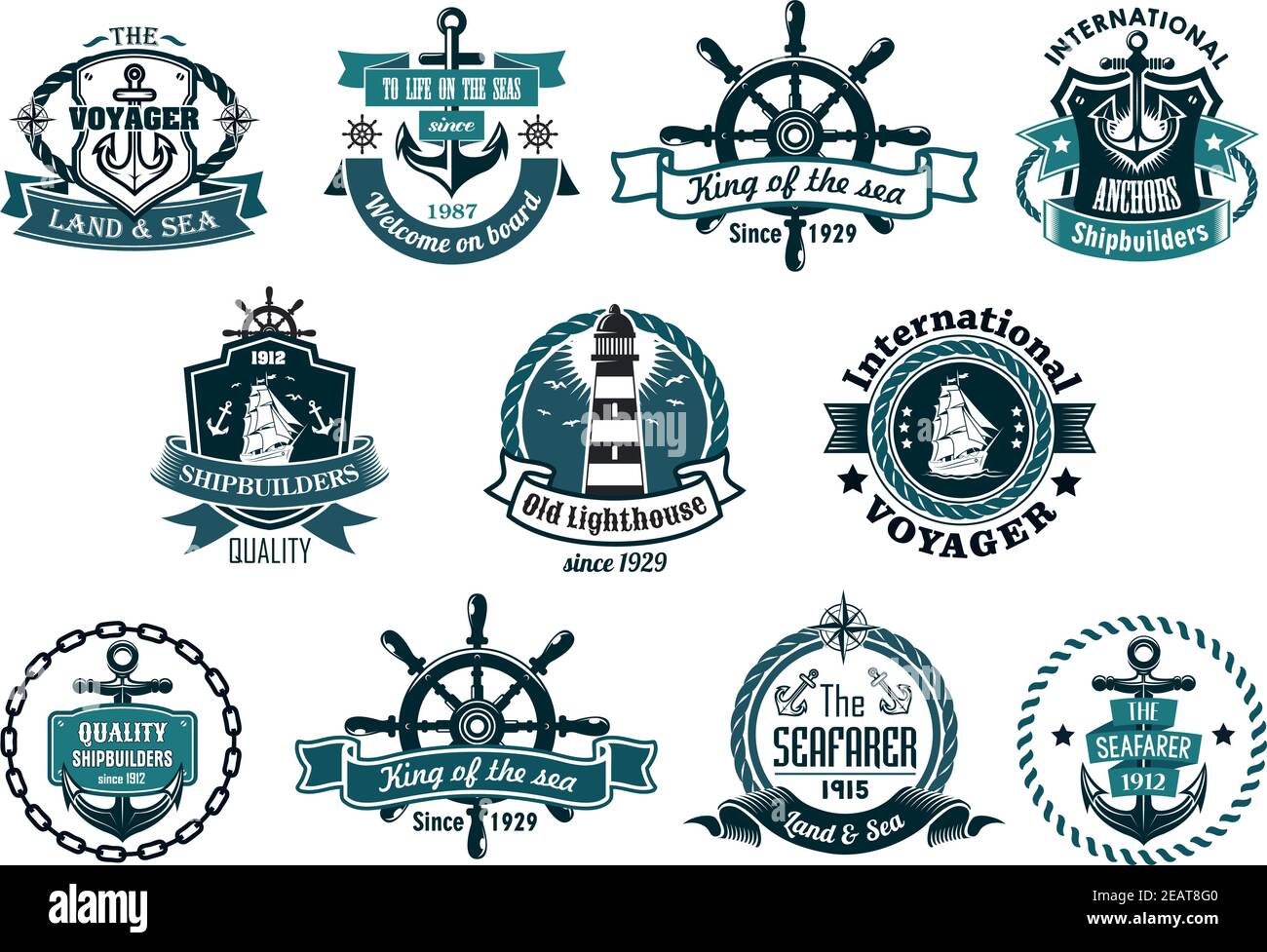 Large retro set of dark blue marine labels, logo and emblems with ...
