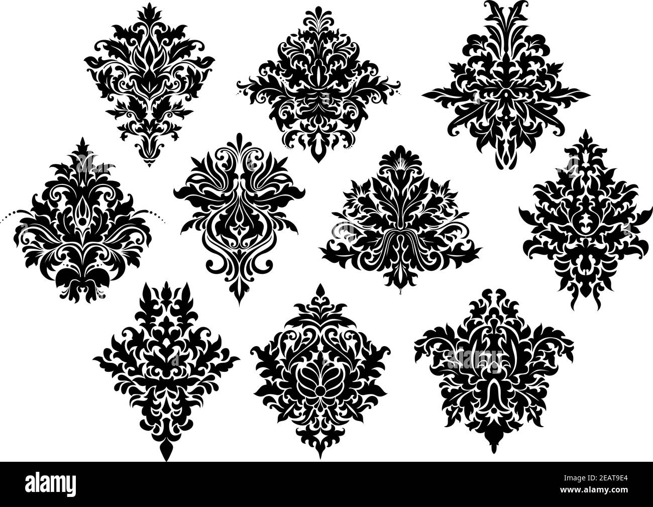 Collection of black curlicue flowers in damask style for compilation of ...