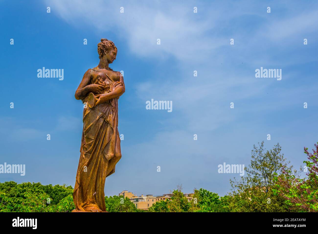 View of a statue in the Bellini garden park in Catania, Sicily, Italy ...