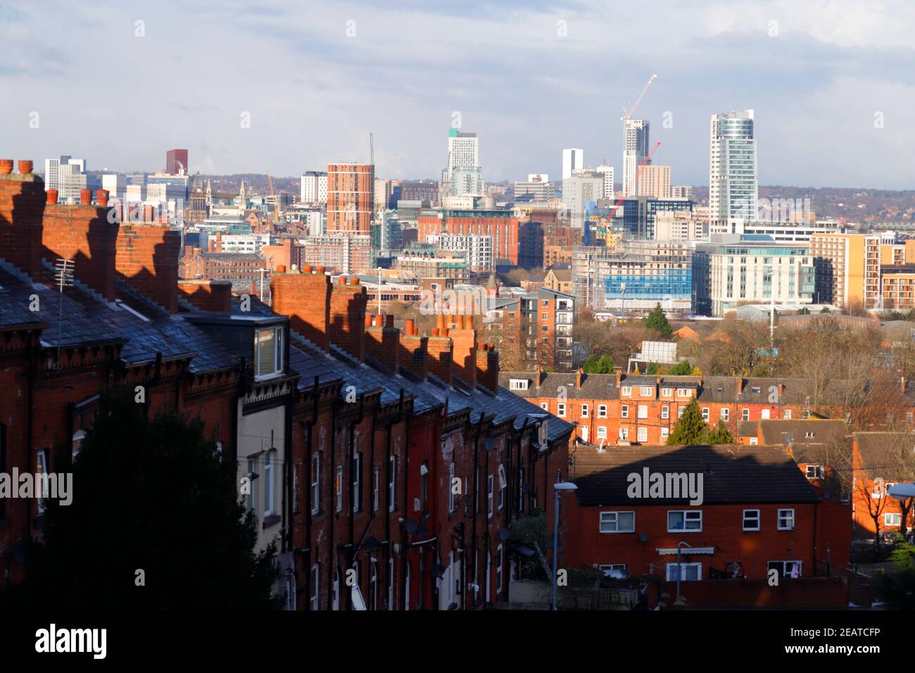 A view across Leeds City Centre from a row of back to back terraced ...