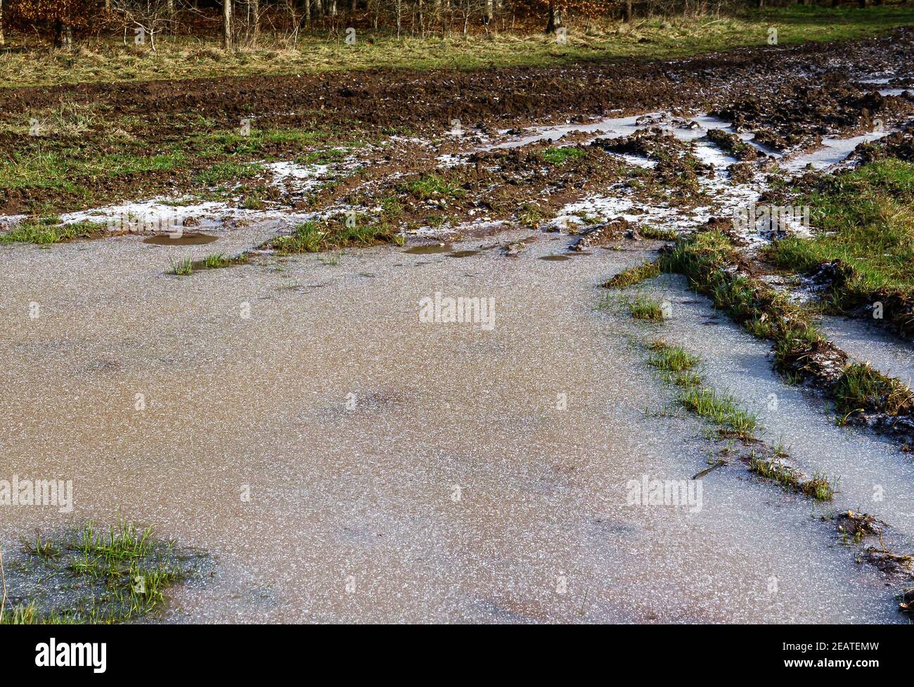 snow covered frozen iced puddle off a tank track on Salisbury Plain ...