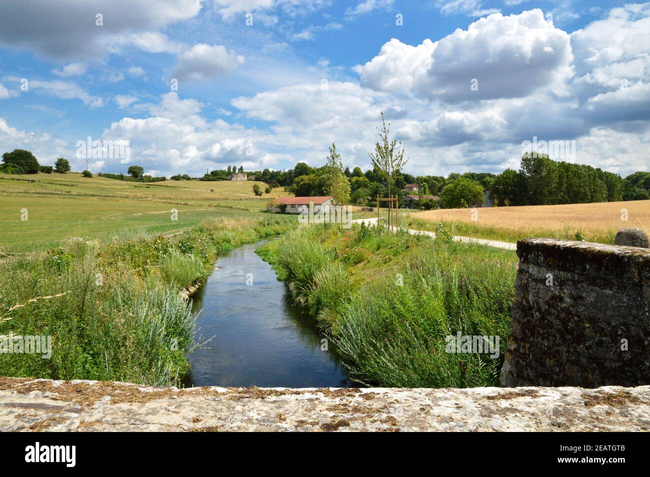 beautiful and relaxing, green plain landscape with a small river Stock ...