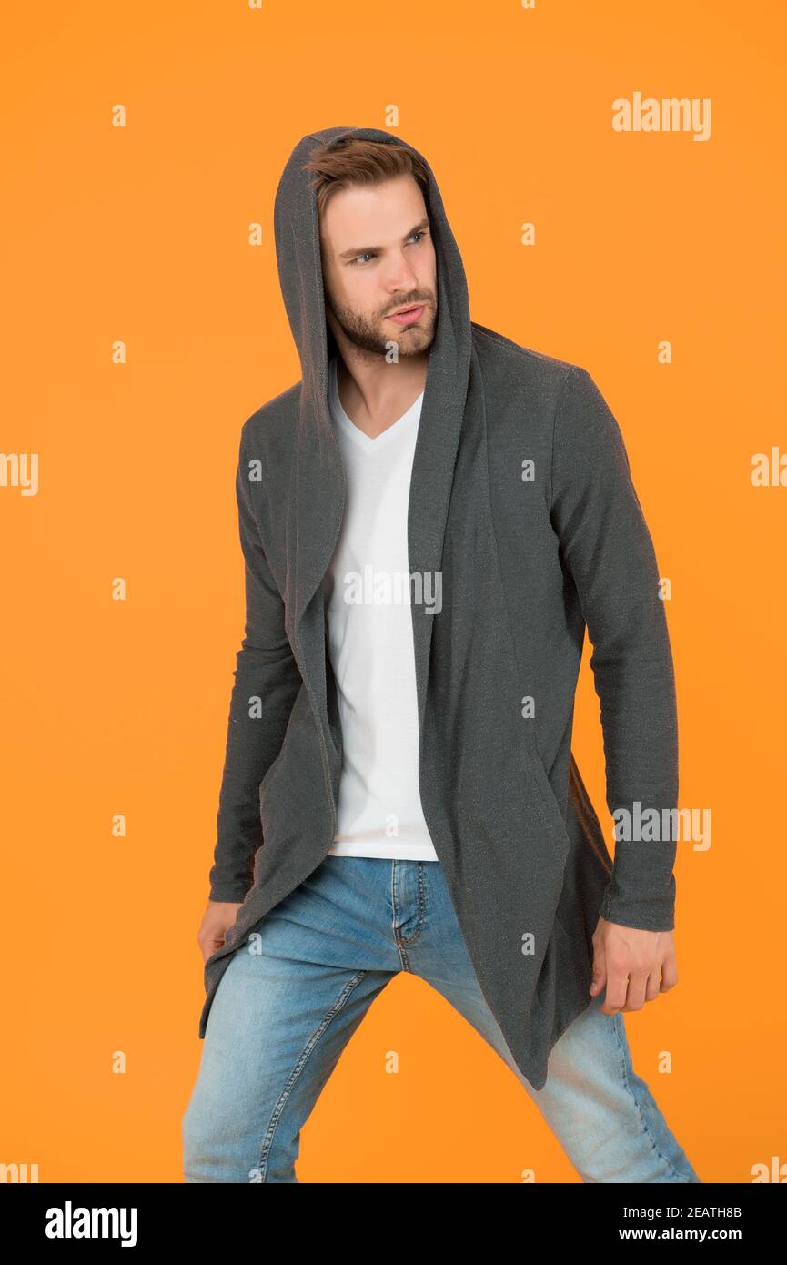 Dressing with confidence. Confident man yellow background. Handsome guy ...