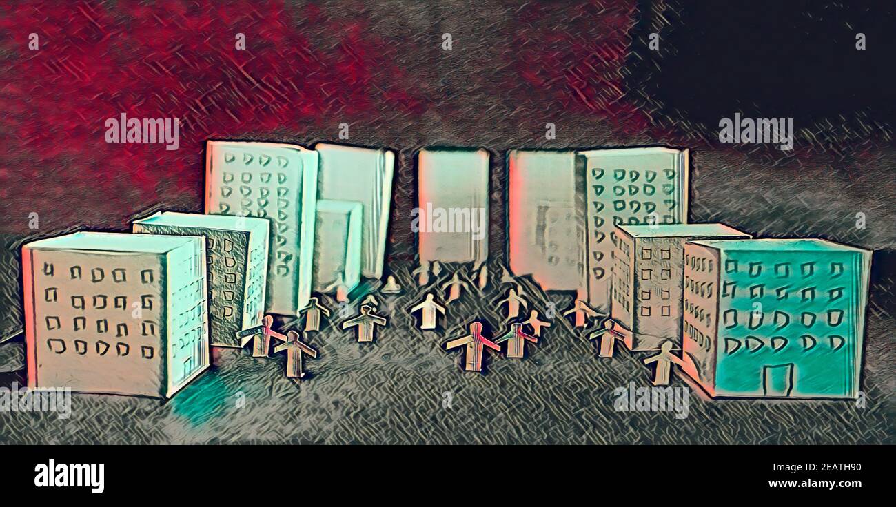 papper people in papper city on black background Stock Photo - Alamy