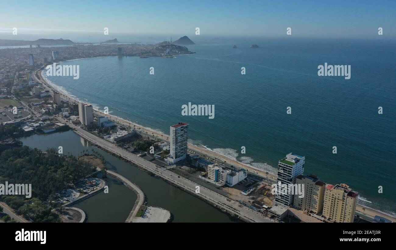 MAZATLAN, MEXICO - JANUARY 31:Aerial view beach and bay and boardwalk ...