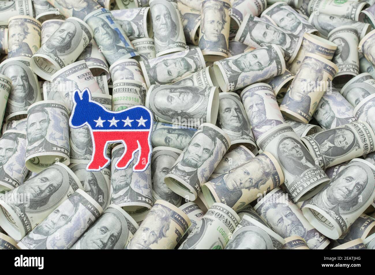 Democrat donkey logo patch badge & US dollar banknotes (training copies ...