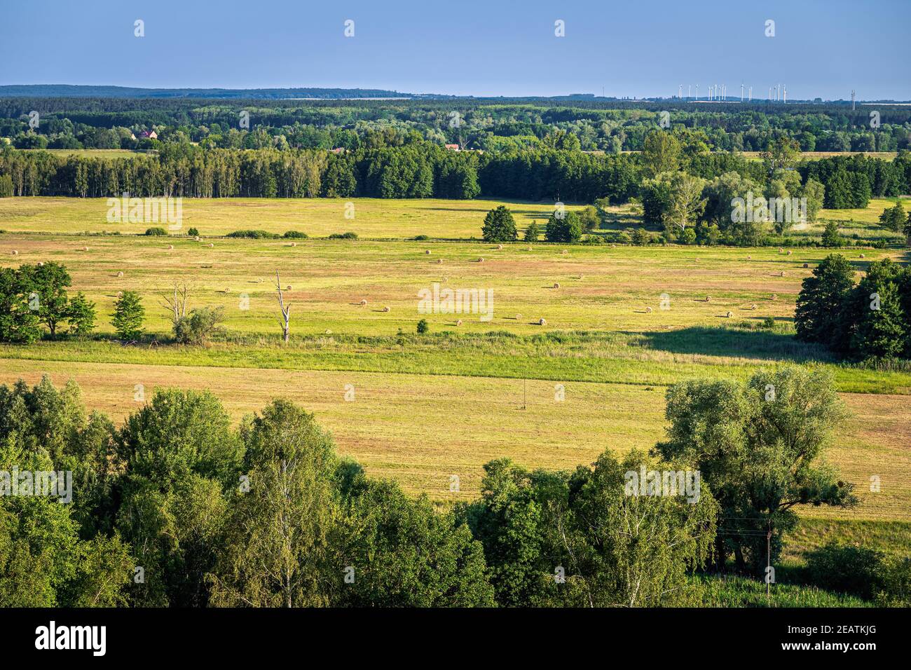 Summer rural landscape with sheafs of hay on agriculture fields and ...