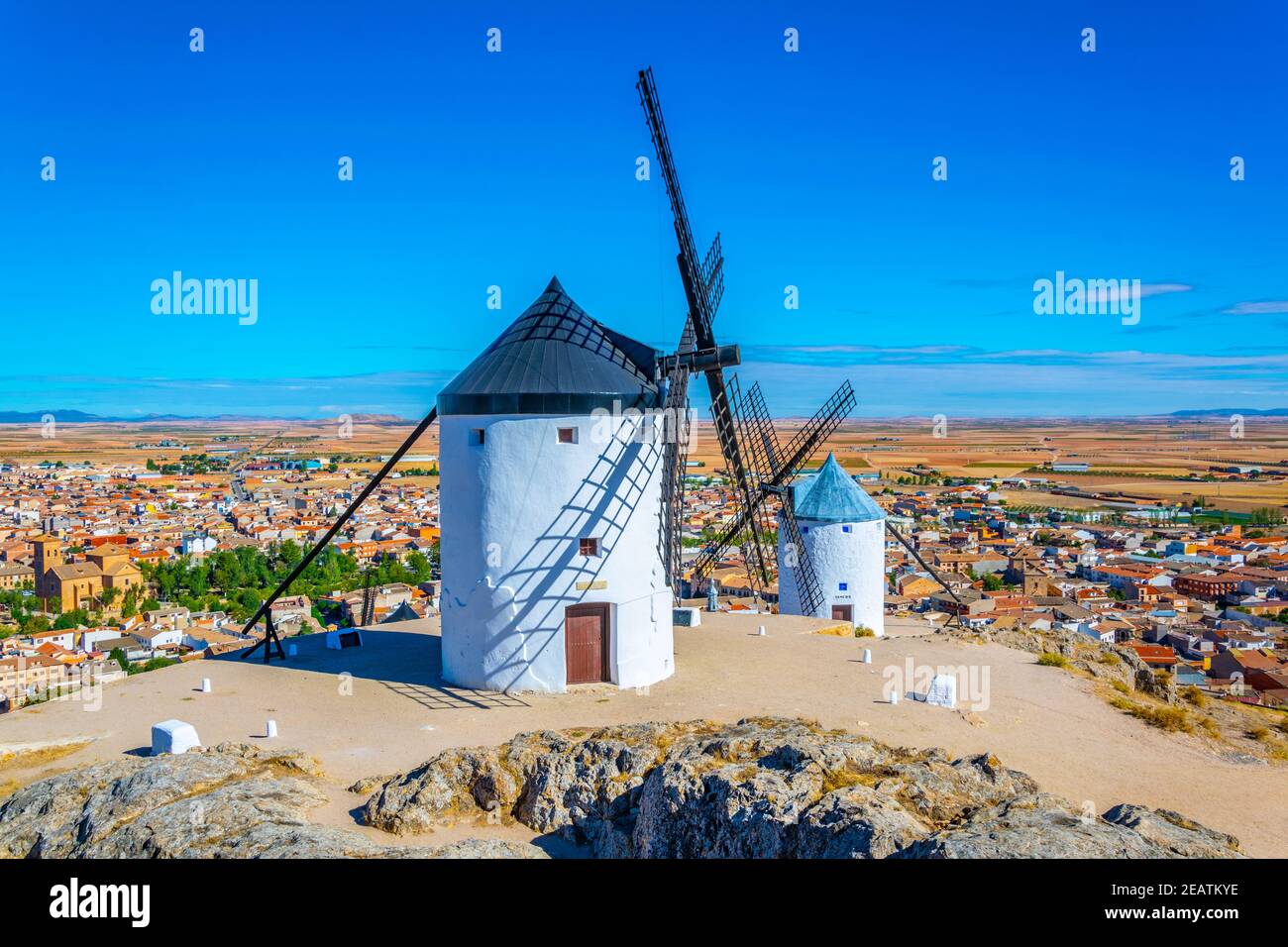Traditional white windmills at Consuegra in Spain Stock Photo - Alamy