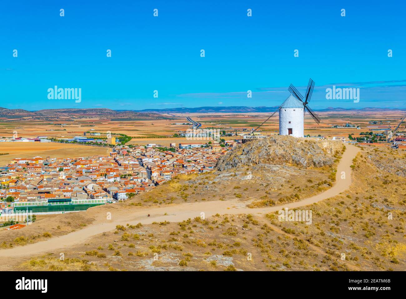 Traditional white windmills at Consuegra in Spain Stock Photo - Alamy