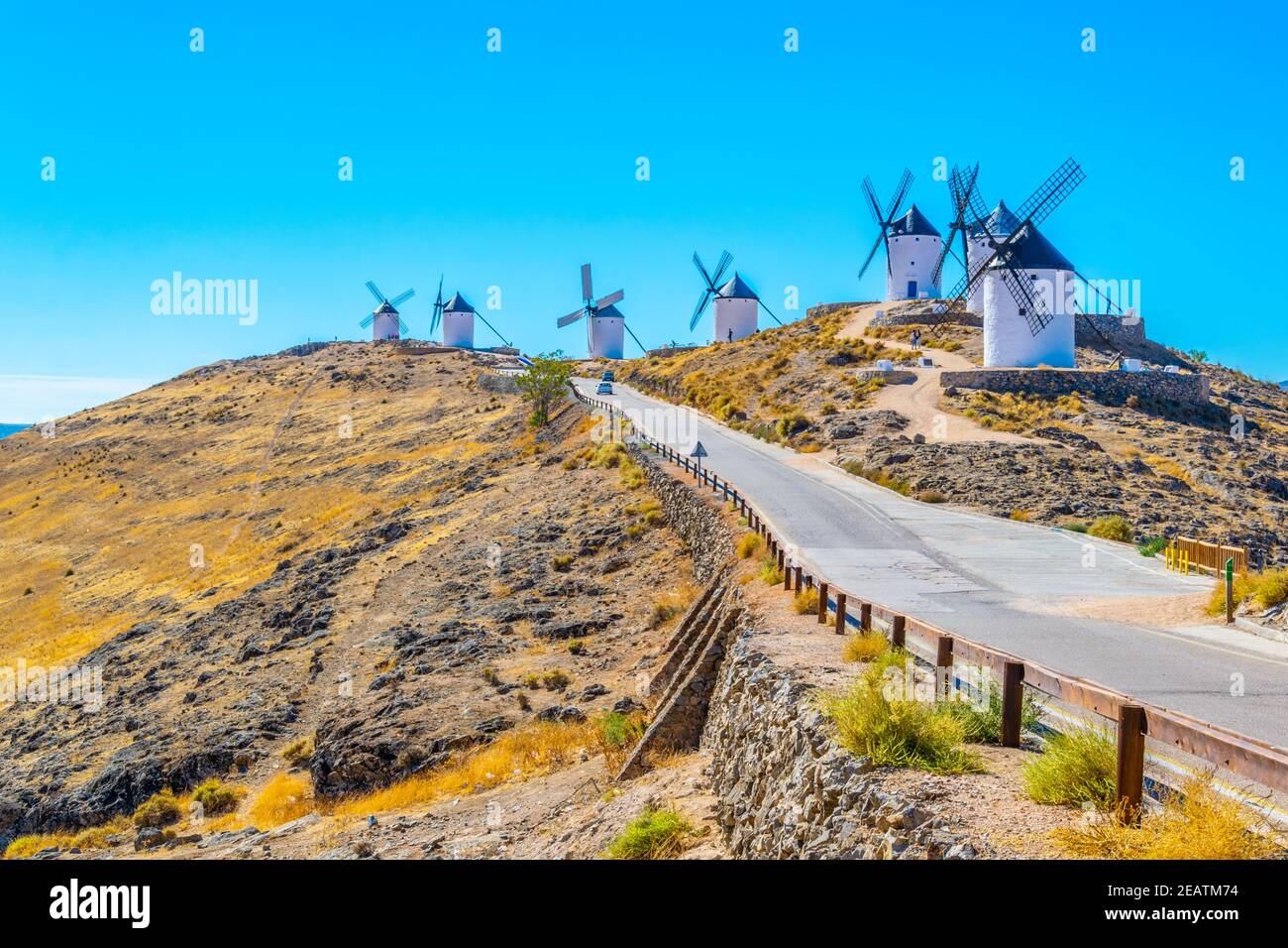 Traditional white windmills at Consuegra in Spain Stock Photo - Alamy