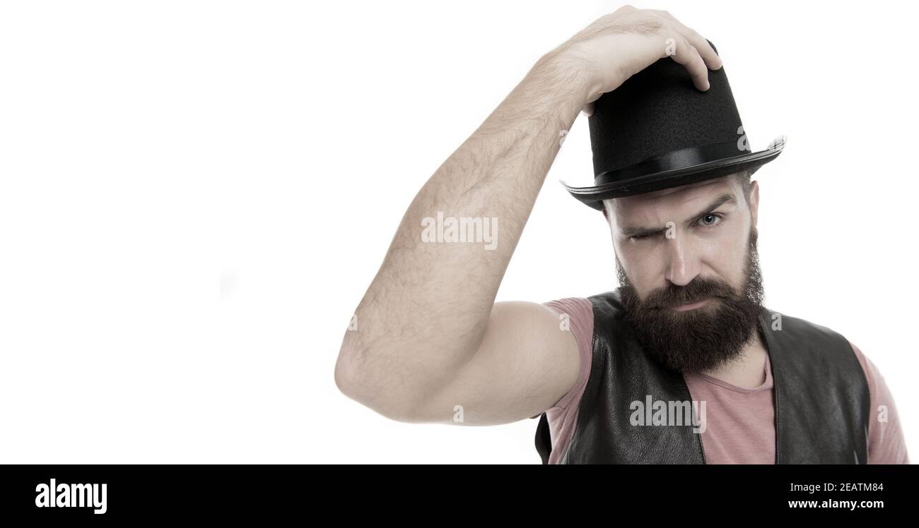 Magician circus worker. Man bearded guy magician. Magician character ...