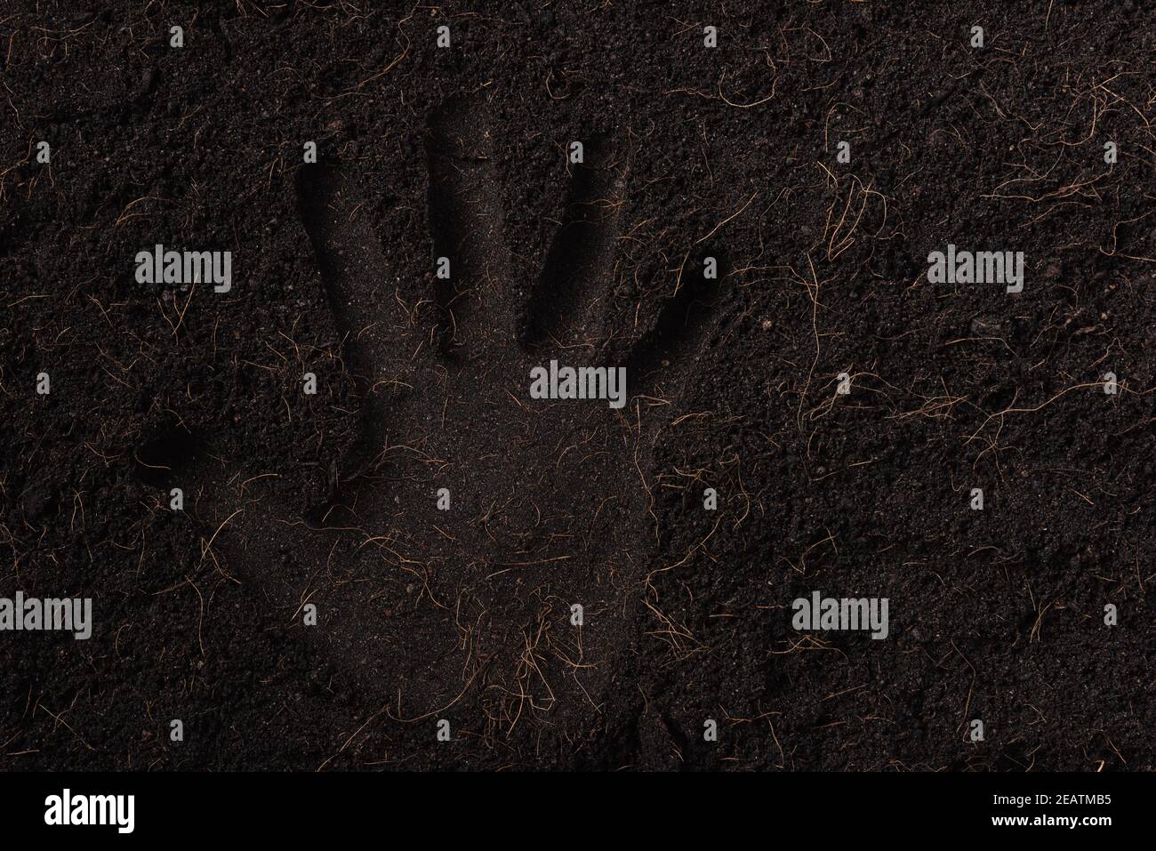 Hand print in black land for plant background Stock Photo - Alamy