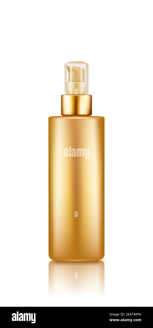 Pump golden serum bottle mockup with transparent cap isolated on white ...
