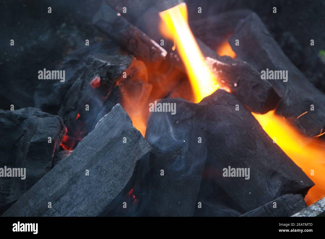 Fire on logs in fire pot with embers and burning coal and blazing ...
