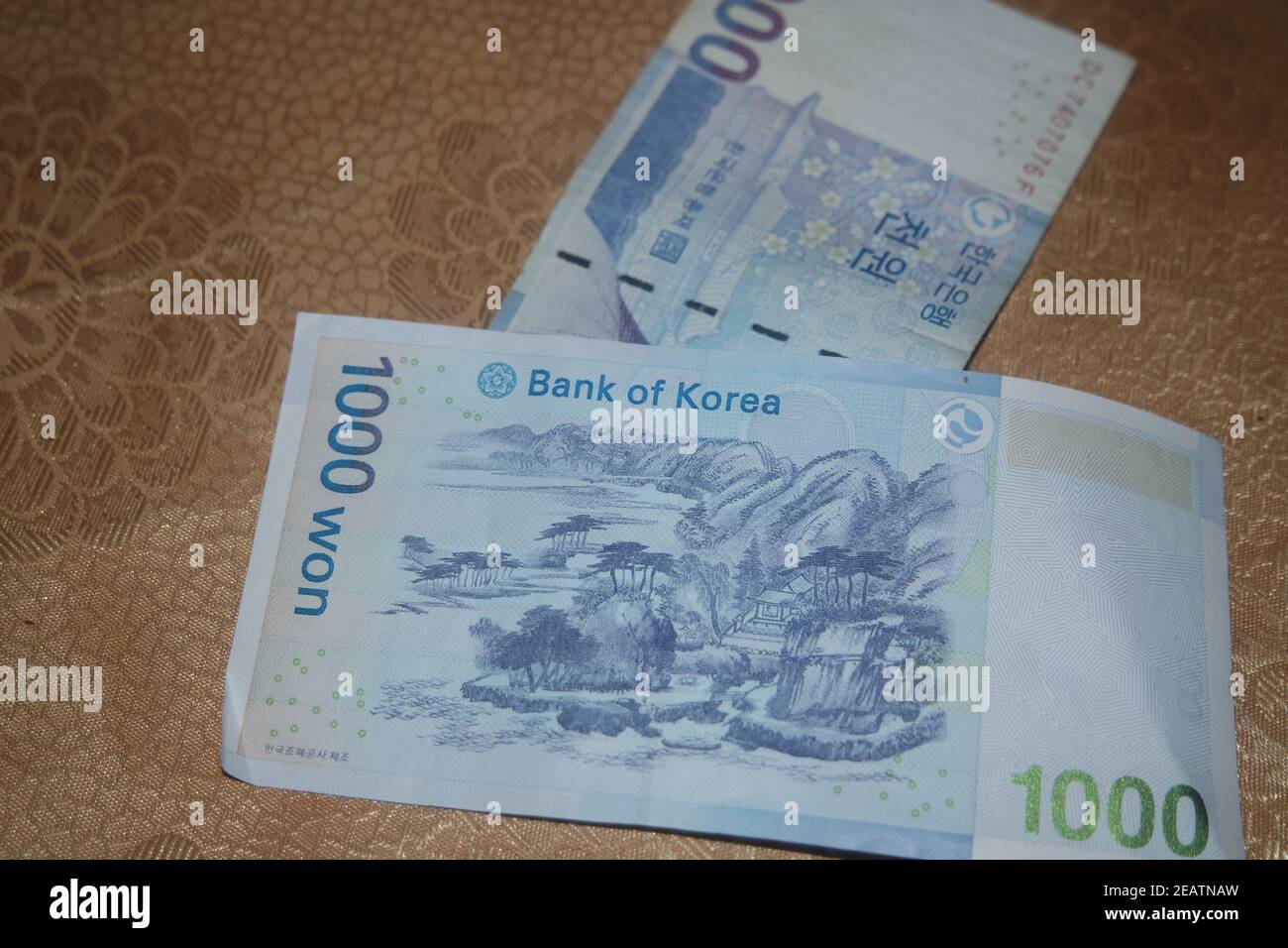 Korean won notes scattered over a wooden floor Stock Photo - Alamy