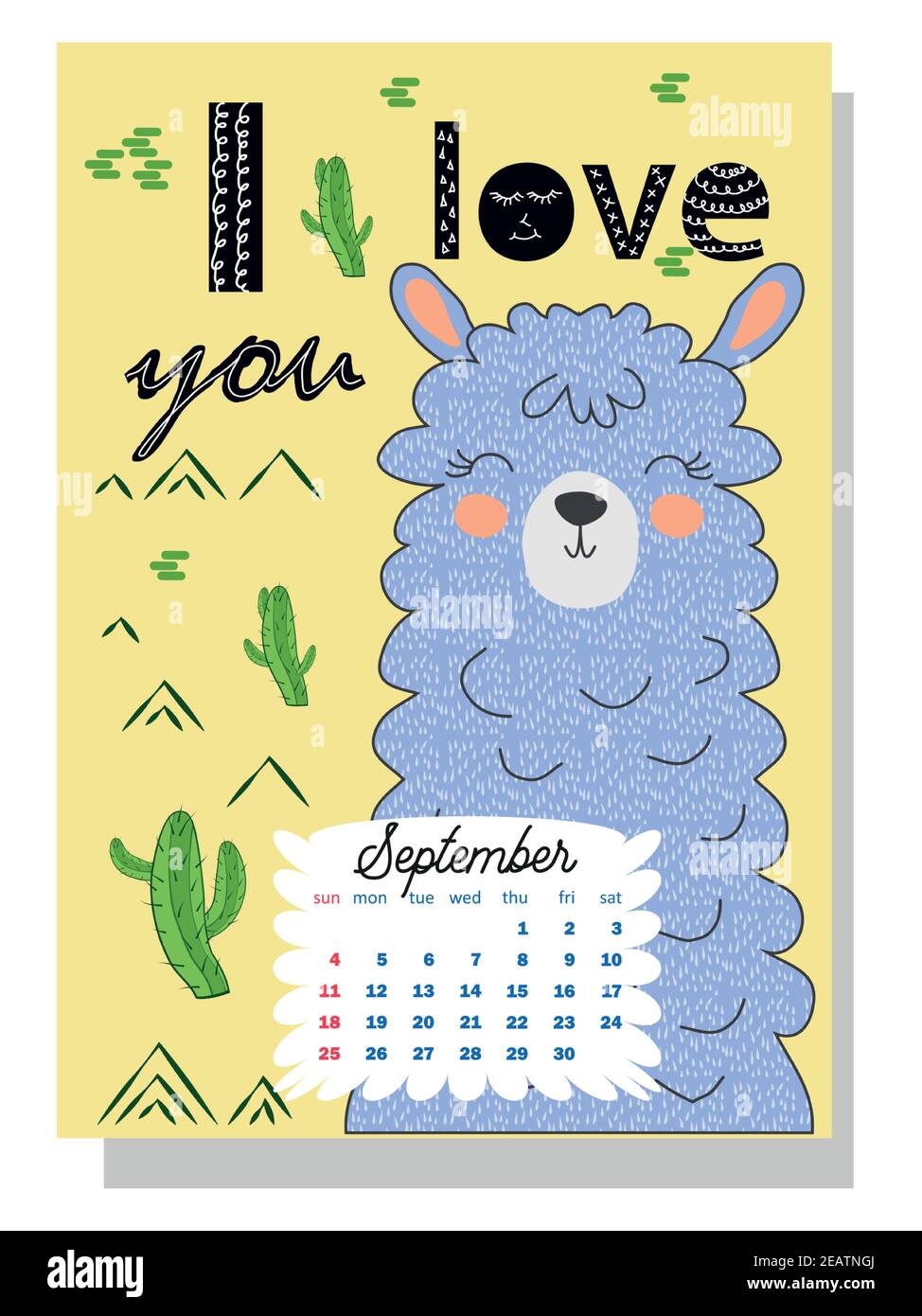 Cute monthly calendar of 2022 with a llama, cactus, inscriptions in the ...