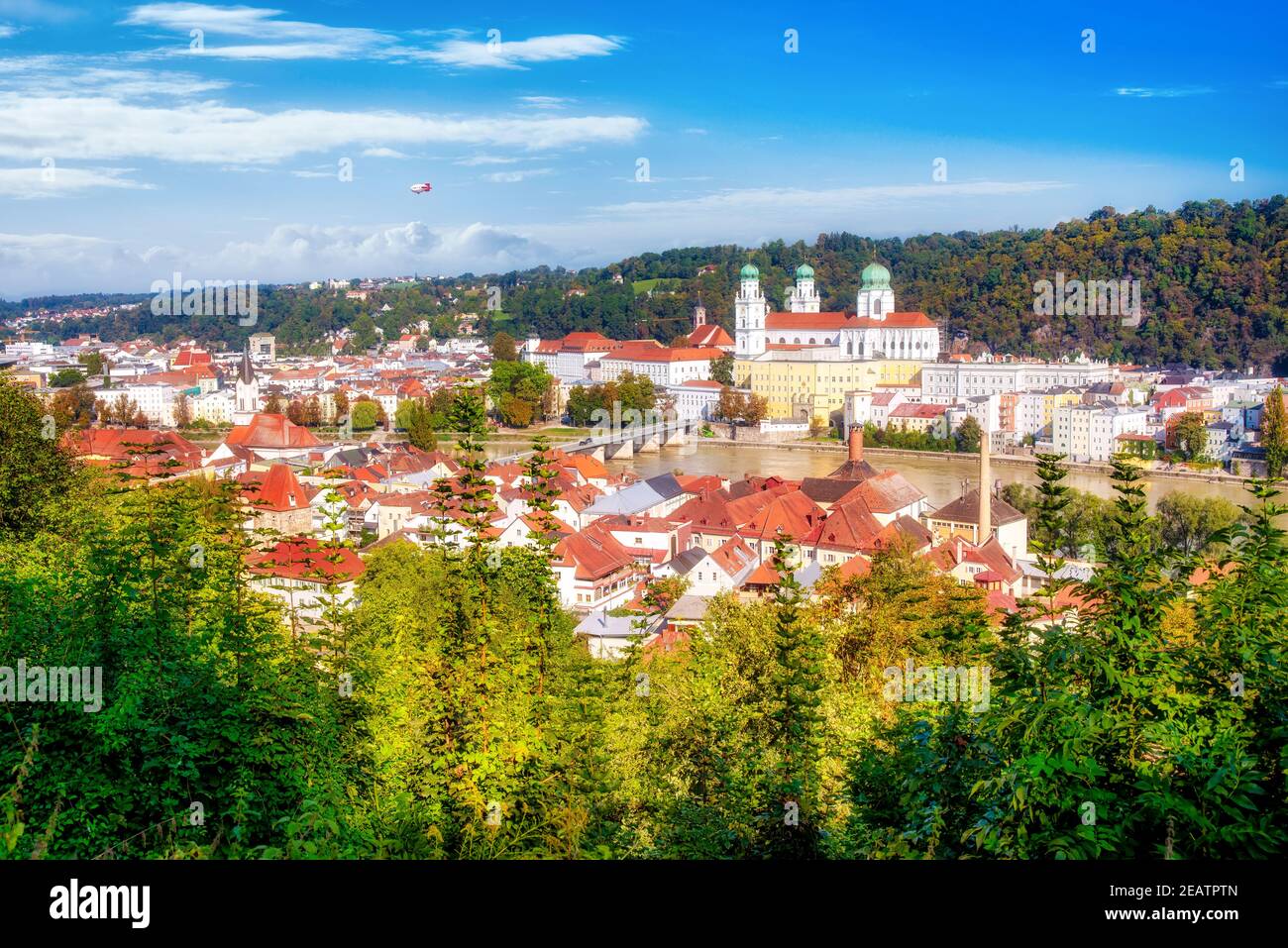 Cathedral, Buildings and Schaibling Tower on the side of Inn river in ...