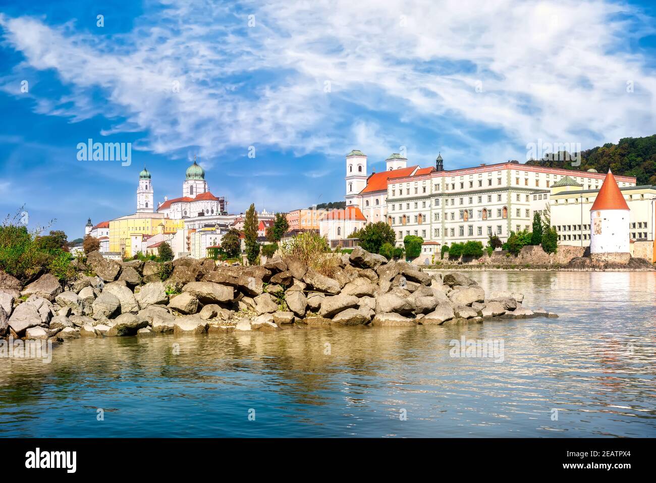 Cathedral, Buildings and Schaibling Tower on the side of Inn river in ...
