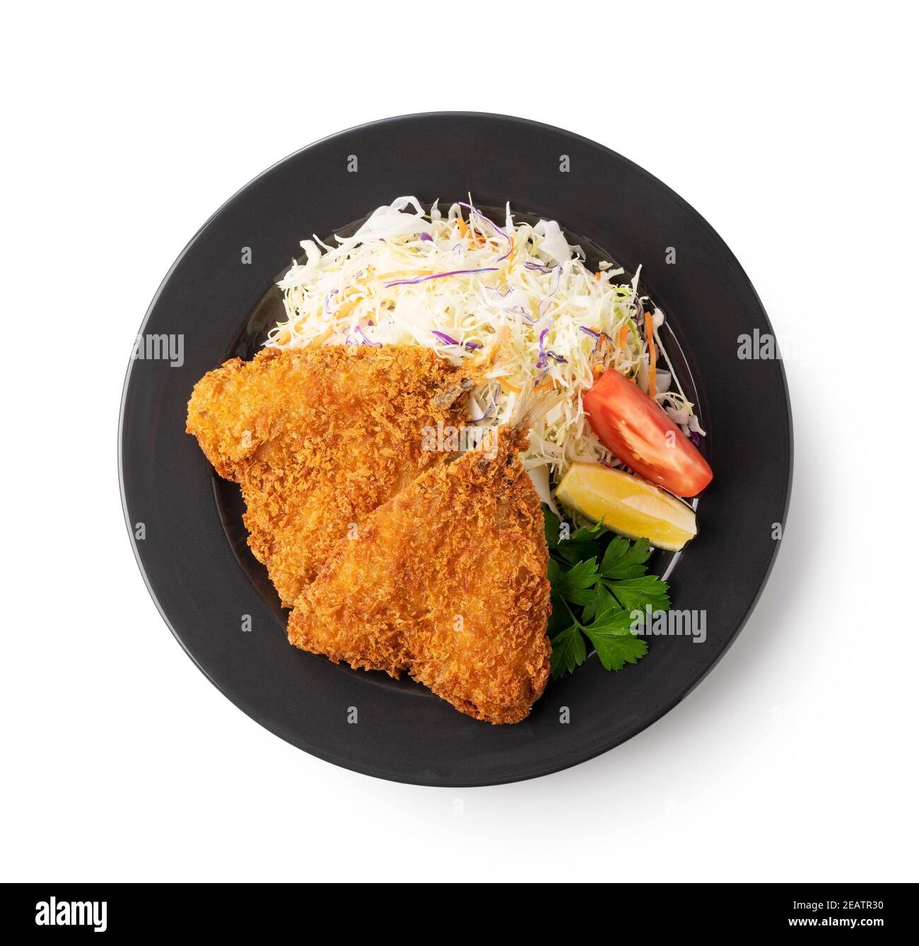 Fried horse mackerel served on a plate on a white background Stock ...