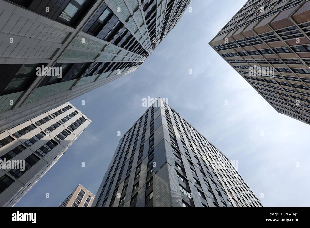 High bottom up perspective view of modern city skyscraper buildings ...