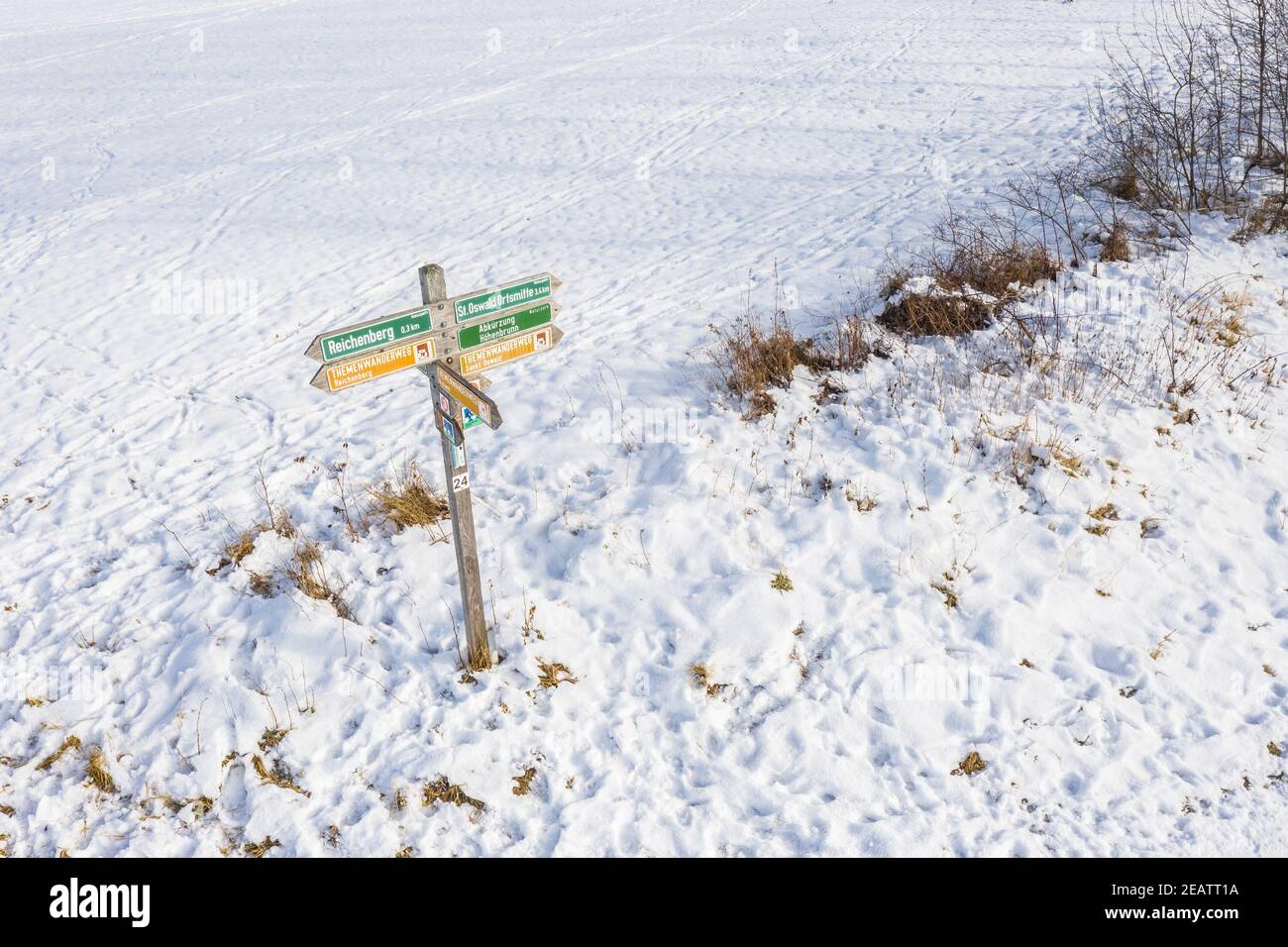 Hiking signpost with German place names of the theme hiking trail ...