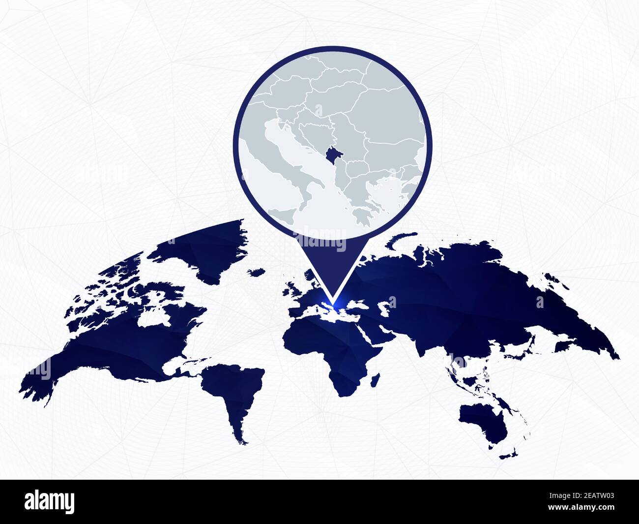 Montenegro detailed map highlighted on blue rounded World Map. Map of ...