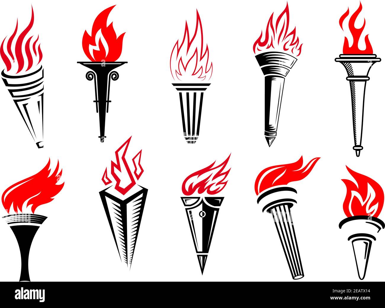 Icon set of flaming torches with red flame and black handle for sports ...