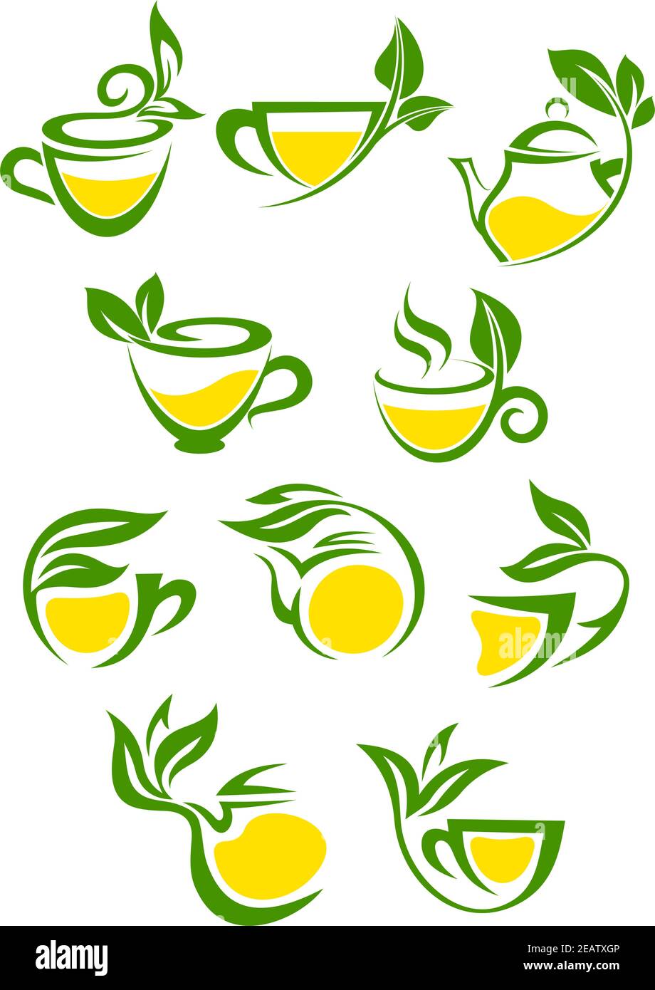 Set of stylised icons of green branch with leafs as cup with herbal or ...