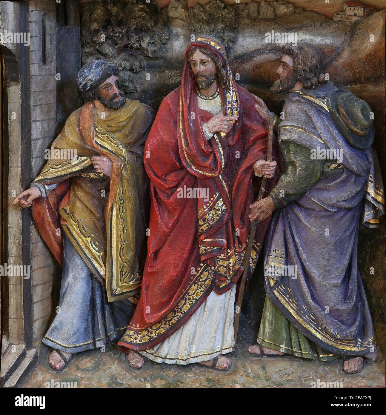 The disciples encounter Jesus on the road to Emmaus, relief on the ...